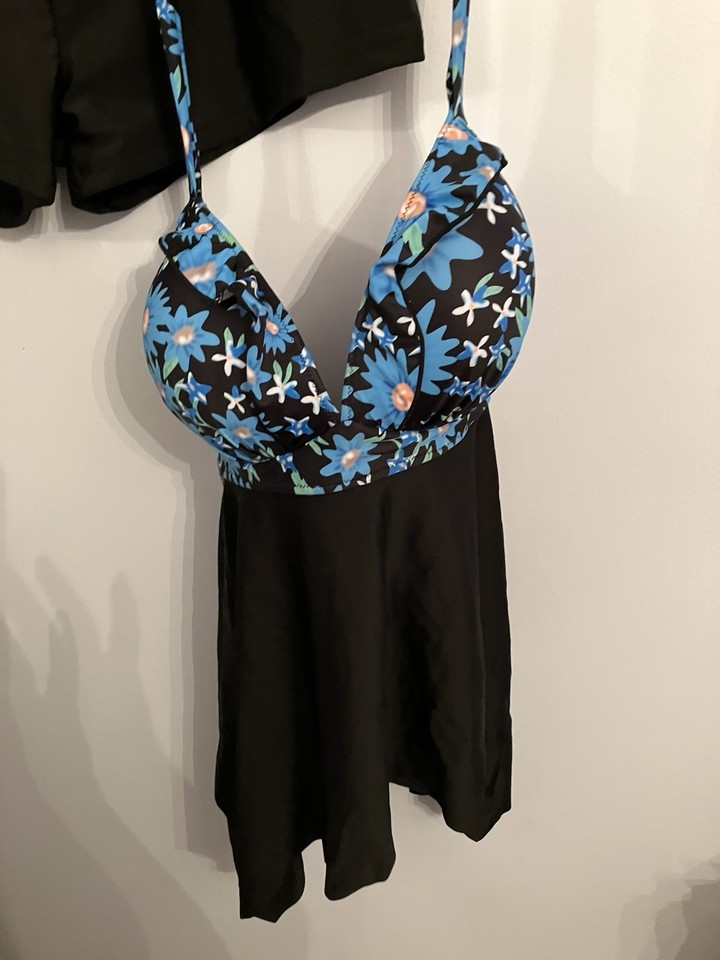 Woman's Bathing Suit 2 Piece Long Top with Boy Shorts Black & Floral ...