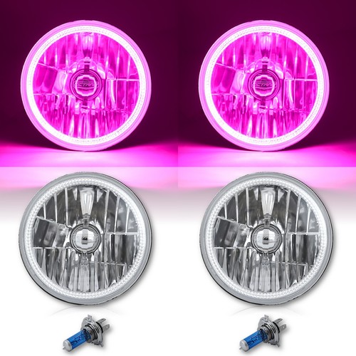 7" SMD Pink LED Halo Angel Eye H4 Headlamp Headlight Halogen Light Bulb ...