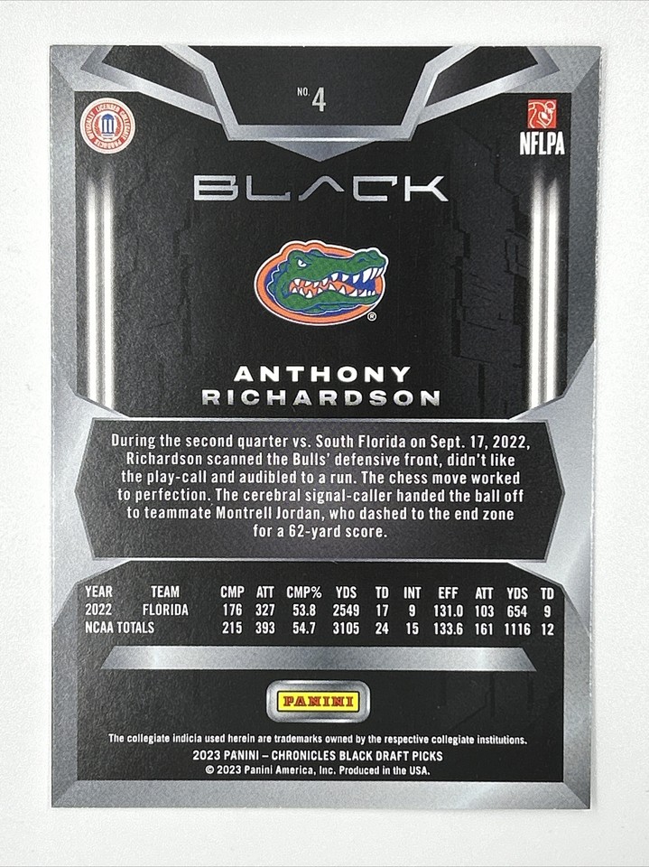 2023 Chronicles Draft Picks Black Anthony Richardson Rookie RC #4 Colts ...