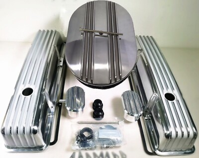 SBC Chevy Polished Finned Valve Covers + Breather PCV +Gaskets + 12 ...
