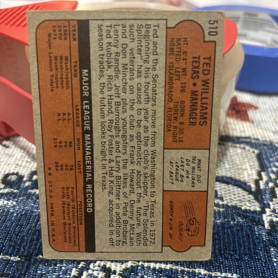 1972 Topps #510 TED WILLIAMS Texas Rangers Manager HOF | eBay