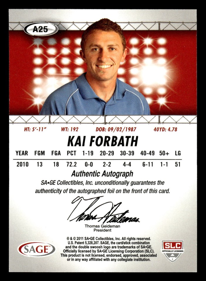 2011 SAGE HIT #A25 Kai Forbath Autographs | eBay