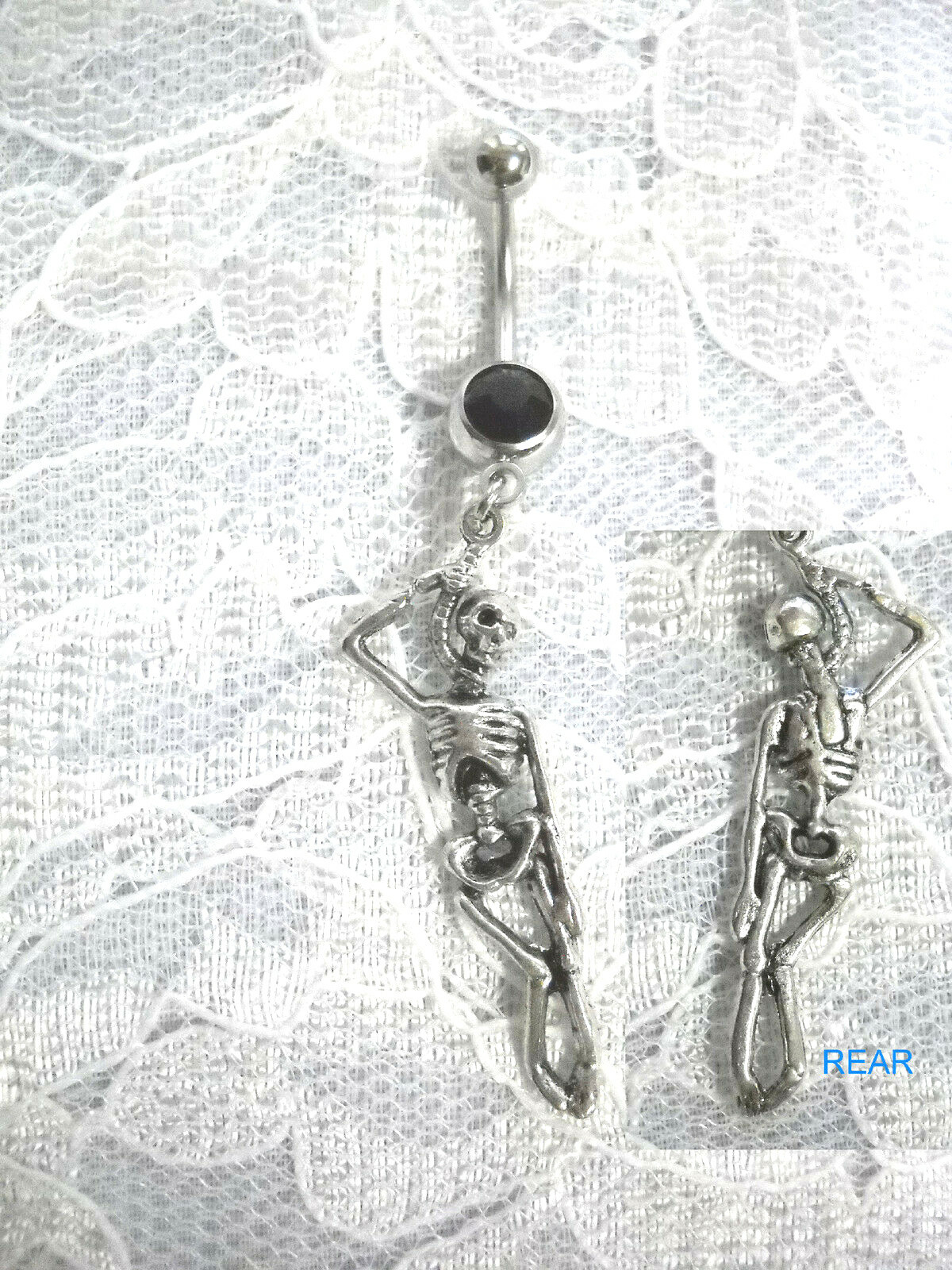 HUMAN 3D SKELETON HANGING ON ROPE NOOSE ON 14G BLACK CZ BELLY BAR NAVEL ...