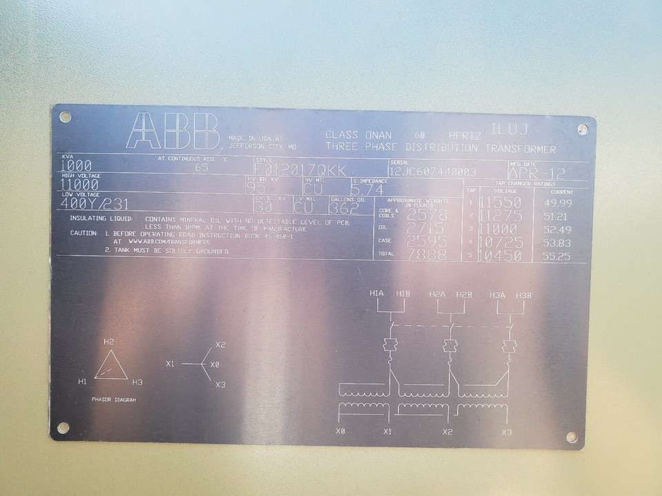 ABB 1000 Kva Padmount Transformer Primary 11000 D - Secondary 400 Y 231 ...