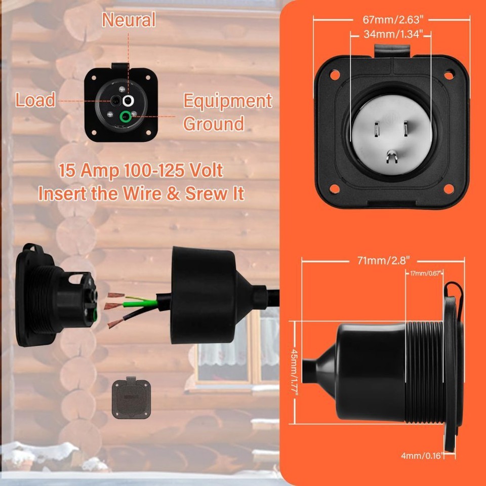 Power Inlet Port Plug 15A 125V 2-Pole 3-Wire AC Port Plug NEMA 5-15 RV ...
