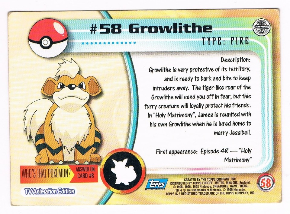 Pokemon Topps TV ANIMATION EDITION blue logo foil GROWLITHE (58) | eBay UK
