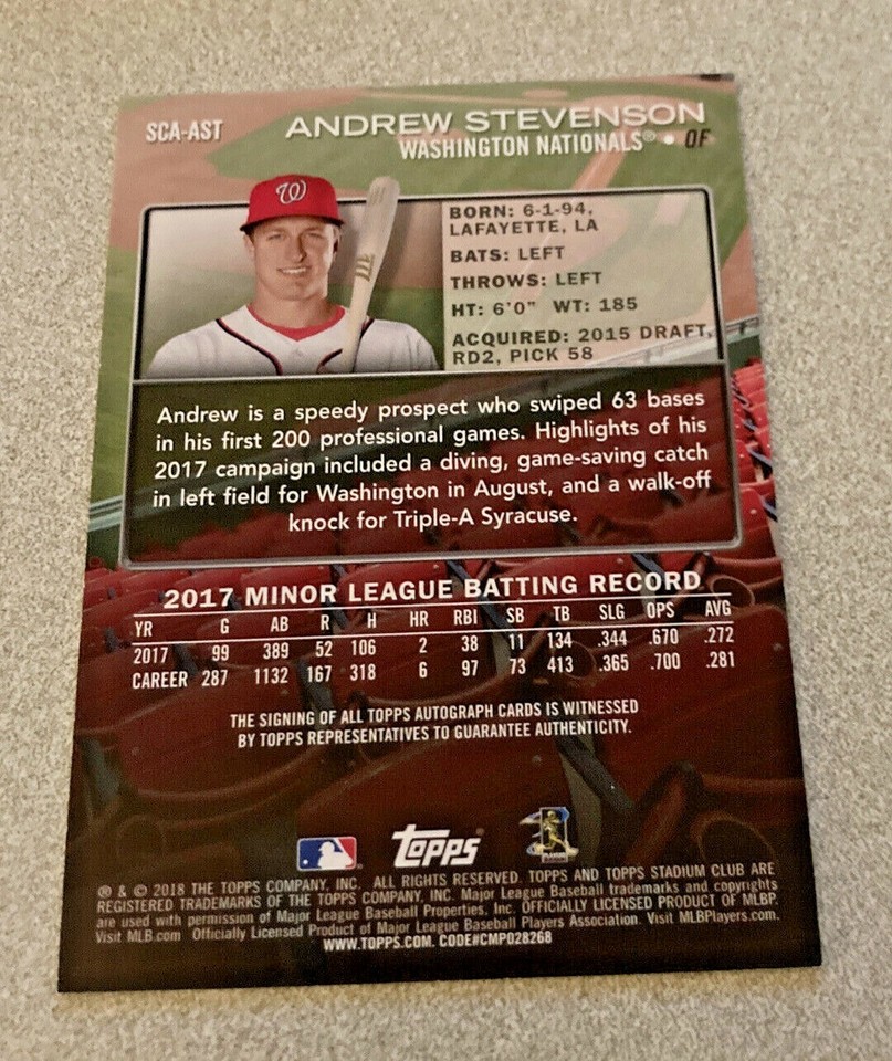 2018 Stadium Club RC Auto #SCA-AST Andrew Stevenson Nationals | eBay