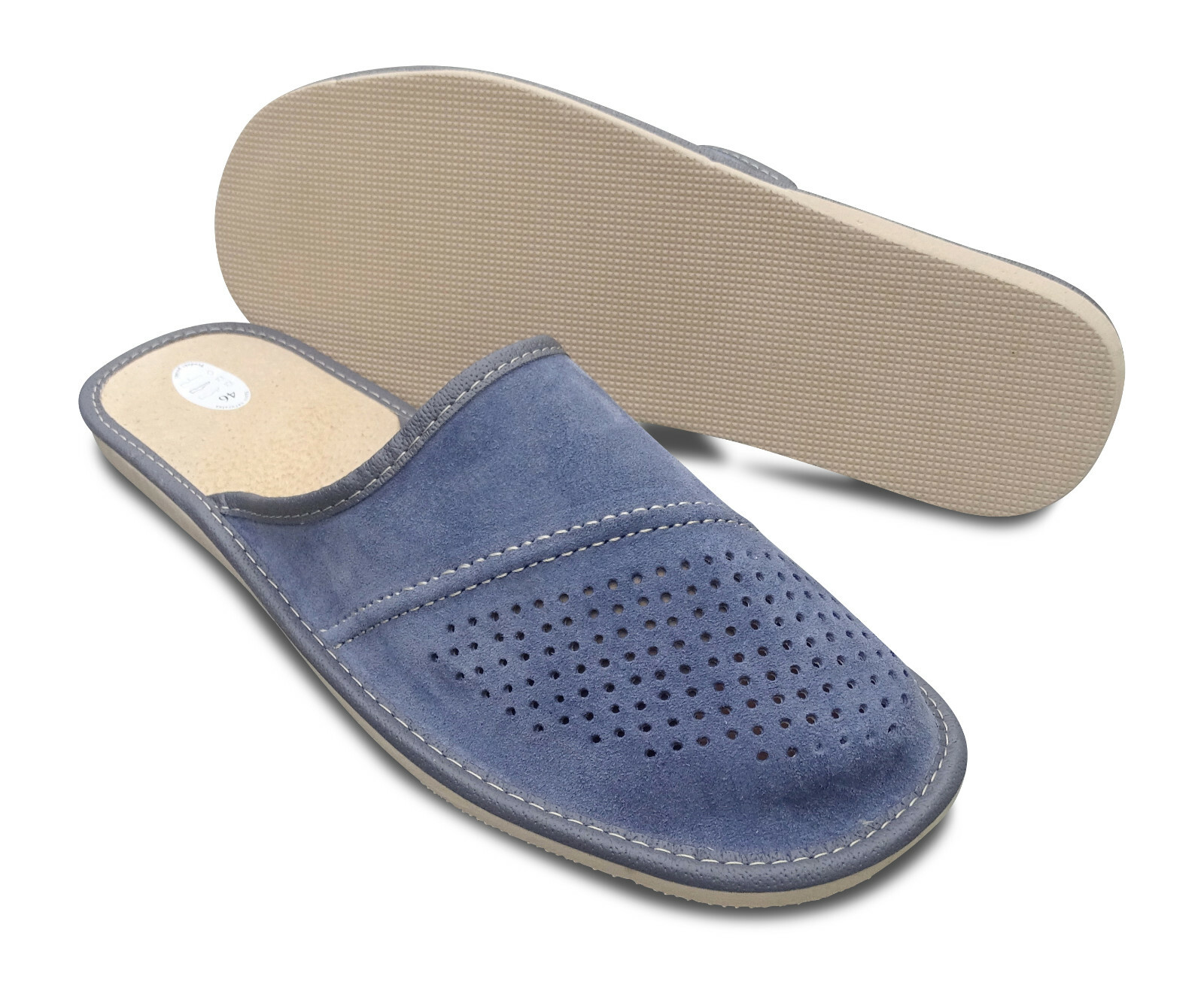 LEDER Hausschuhe Pantoffeln Schlappen Latschen Veloursleder Blau, Gr ...