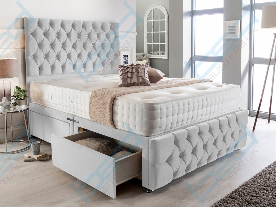 PLUSH VELVET CHESTERFIELD DIVAN BED SET + MEMORY MATTRESS 4FT6 Double ...