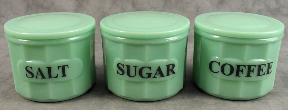 JADEITE GREEN GLASS SALT SUGAR COFFEE BOX CANISTER SET Lidded ...