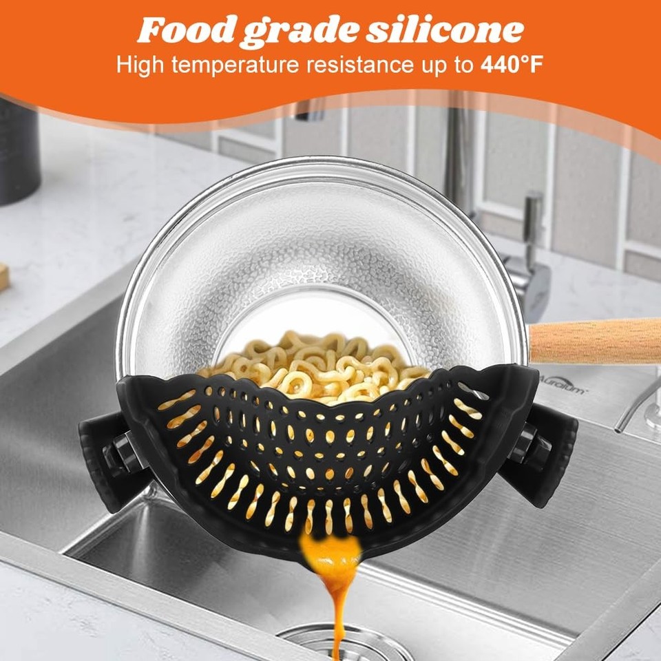 Clip on Strainer with Scraper Silicone Pasta Colander Pot Pan Universal ...