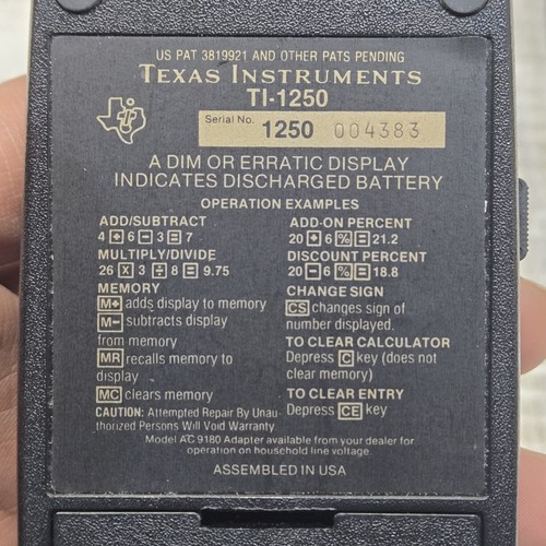 Vintage Texas Instruments TI-1250 Electronic Calculator In Box Tested ...