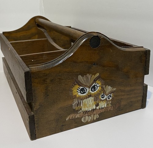Owl & Flower Wood Box Hand Painted Tool Box Folk Art Desk Caddy Home ...