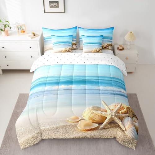 Beach Theme Comforter Set 7 Pcs Starfish Seashell Conch Ocean Queen Sky ...