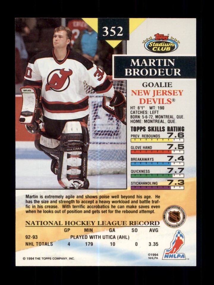 1993-94 STADIUM CLUB #352 MARTIN BRODEUR NEW JERSEY DEVILS HOF | eBay