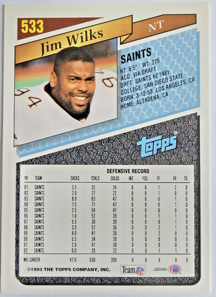 Jim Wilks, 1993 Topps, New Orleans Saints, Tackle, Card # 533 | eBay