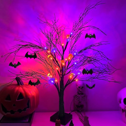 24Inch Black Halloween Spooky Tree with Purple & Orange Lights,Lighted ...