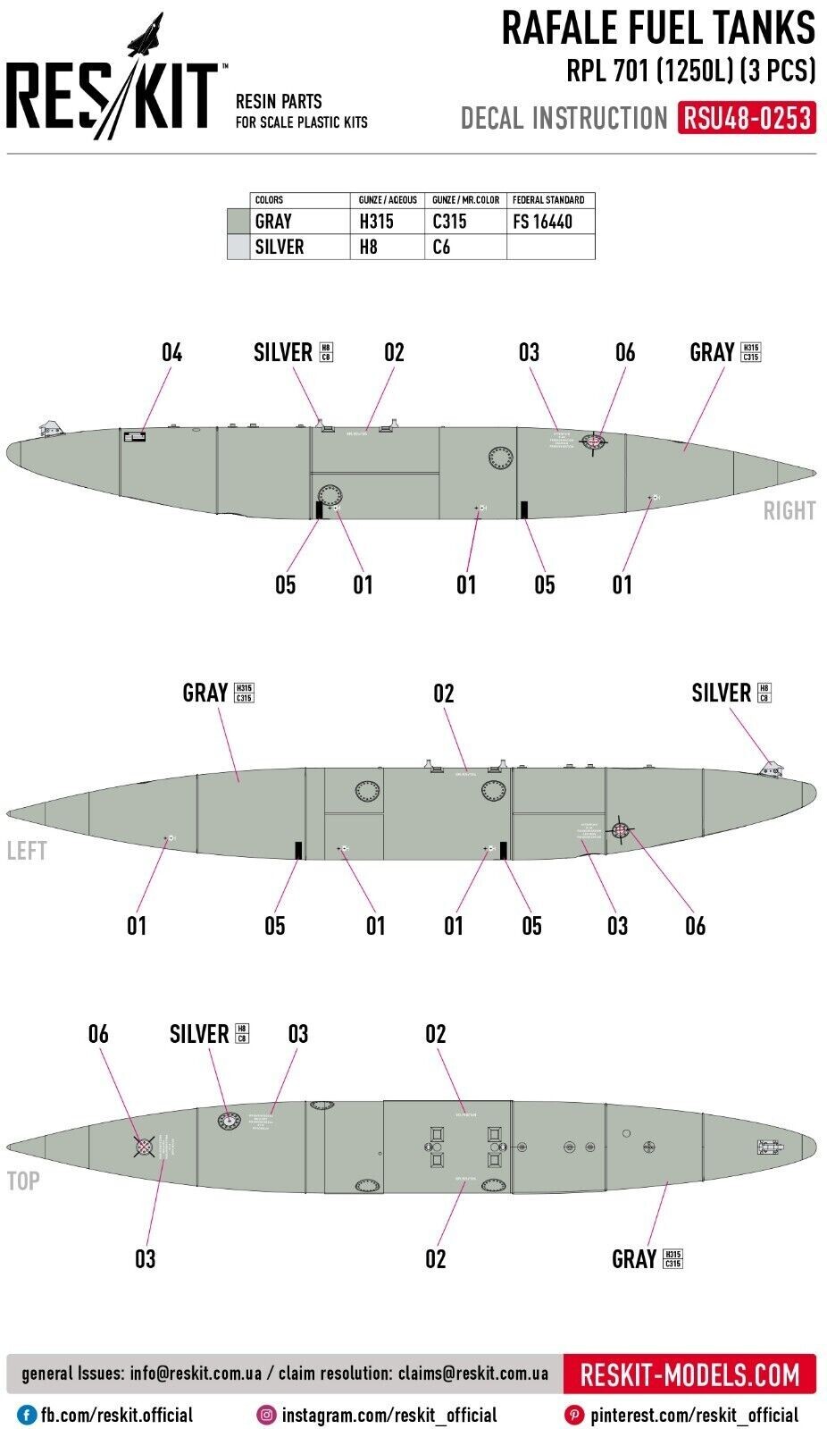 1/48 ResKit RSU48-0253 Rafale Fuel Tanks RPL 701 (1250L) (3 pcs) (3D ...