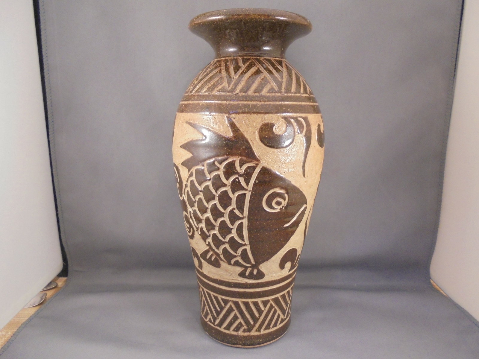 Frank Polizzi Art Pottery Stoneware Carved Incised Fish Vase 9 3/4" #1 ...