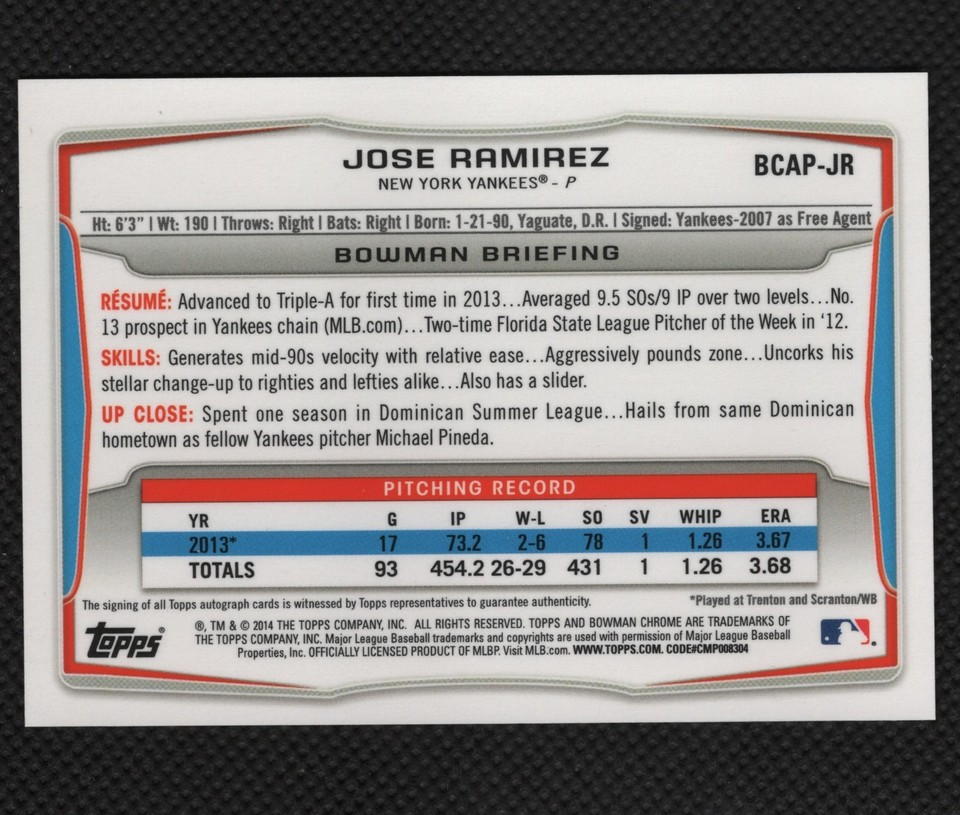 2014 Bowman Chrome Prospect Autograph Auto *Jose Ramirez* Card # BCAP ...
