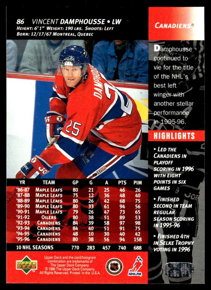 1996-97 Upper Deck #86 Vincent Damphousse Montreal Canadiens Hockey ...