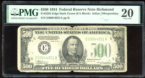 1934 $500 Federal Reserve Note Bill FRN FR-2201 - Certified PMG 20 ...