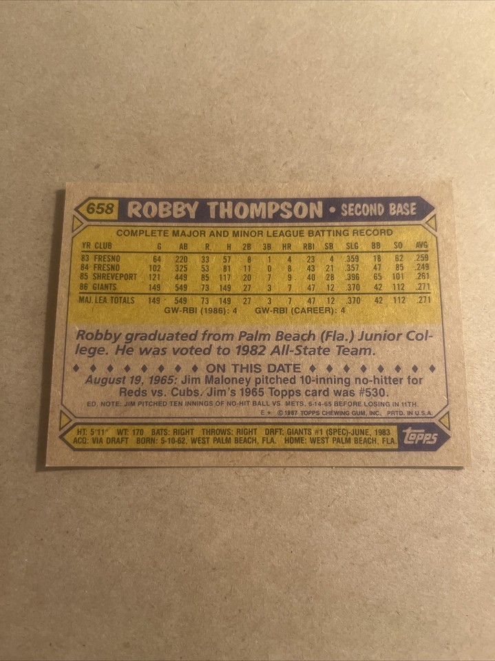 1987 Topps Robby Thompson RC Rookie #658 San Francisco Giants | eBay