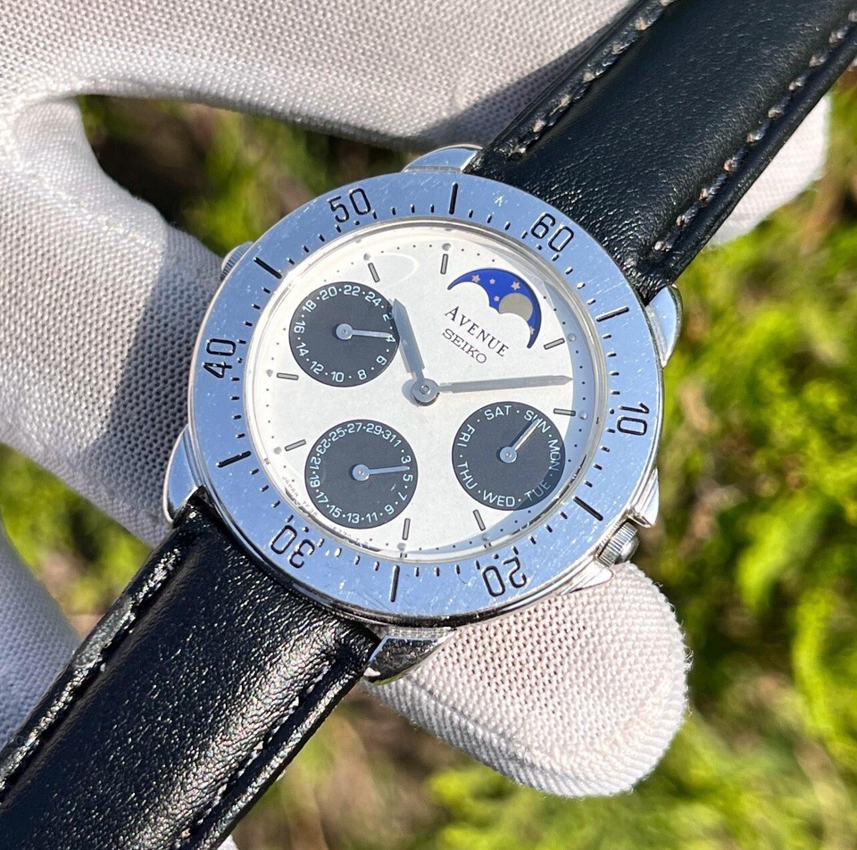 Vintage Seiko Avenue Moon Phase Panda Dial Japan Made Men Quartz Watch ...