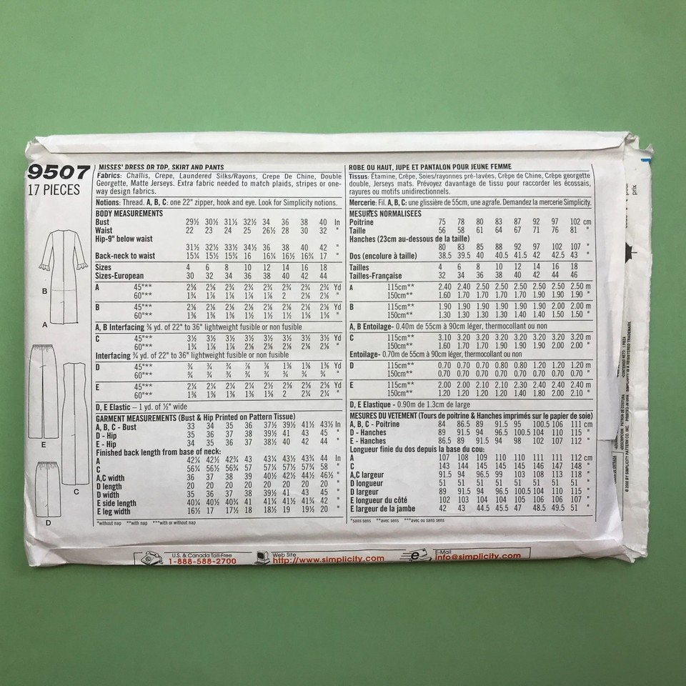 Simplicity Pattern #9507 - Misses' Dress or Top/Skirt/Pants - Sizes 4 ...