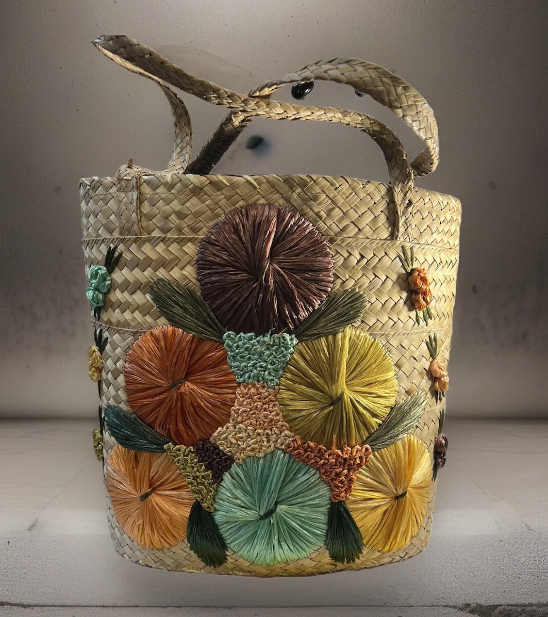 Vintage Straw Beach Bucket Bag Embroidered Lg. 16” Li… - Gem
