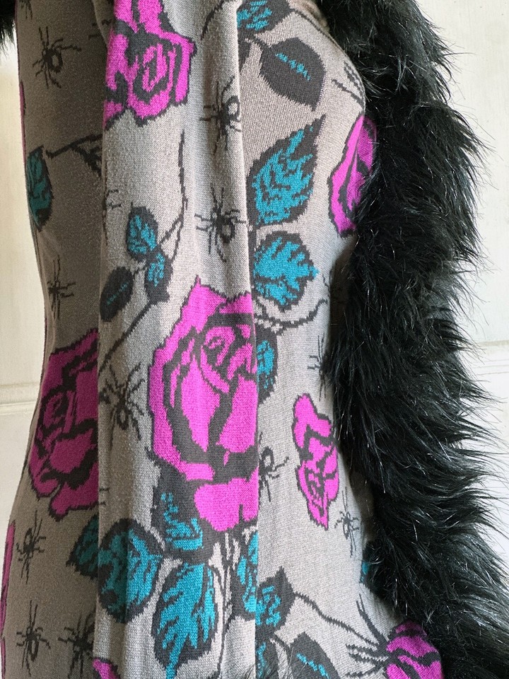Betsey Johnson Spider Rose Sweater Coat Duster Vintage Faux Fur Purple ...