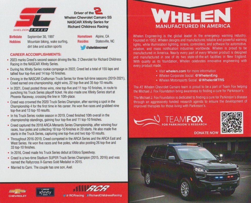 2023 Sheldon Creed Whelen Chevy Camaro NASCAR Xfinity Hero Card | eBay