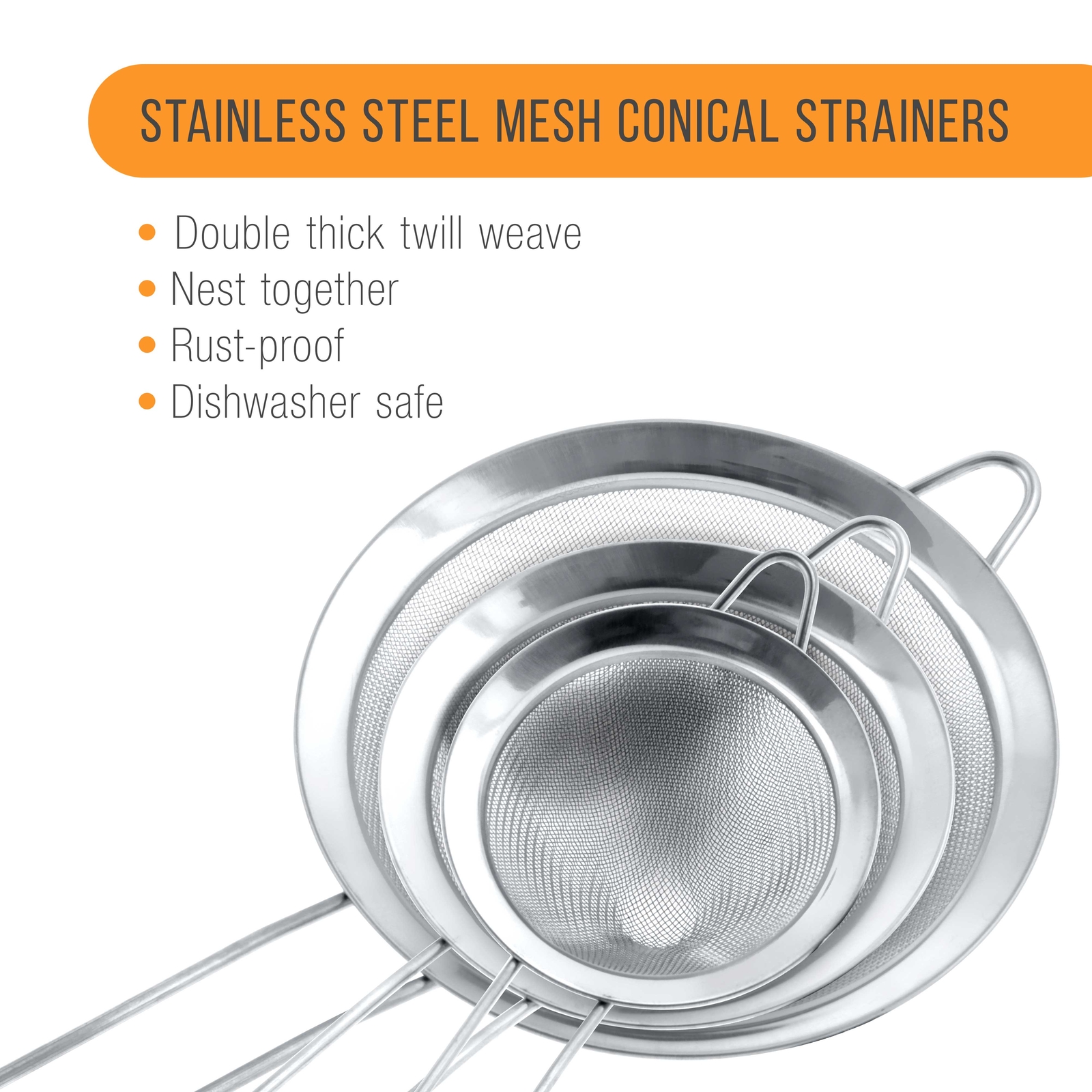 U.S. Kitchen Fine Twill Mesh Stainless Steel Conical Strainer Set 3 4 5 ...