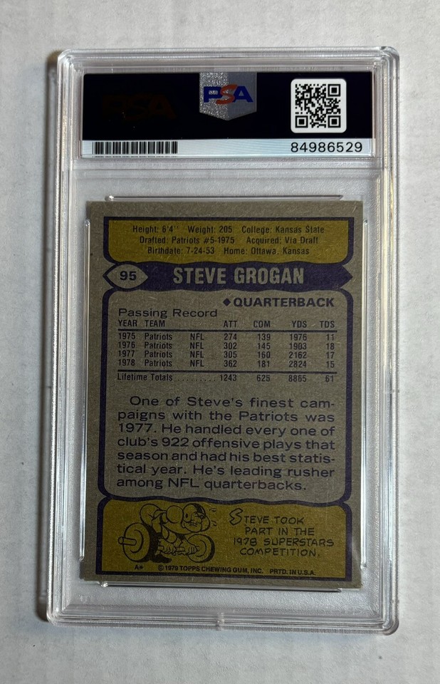 1979 Topps STEVE GROGAN PSA NM SIGNED AUTO Football Card #95 PATRIOTS ...