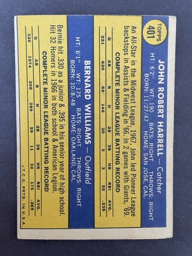 1970 Topps #401 John Harrell Bernie Williams San Francisco Giants ...