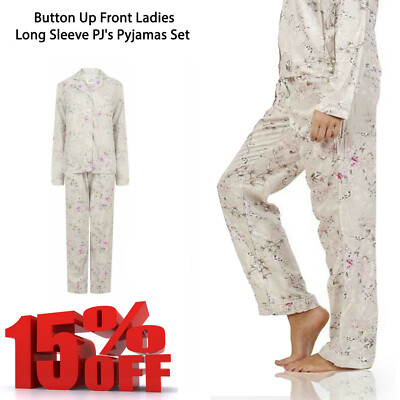 Ladies Pyjama Set Girls Beige Floral PJ Soft Night Wear PJs Pyjamas ...