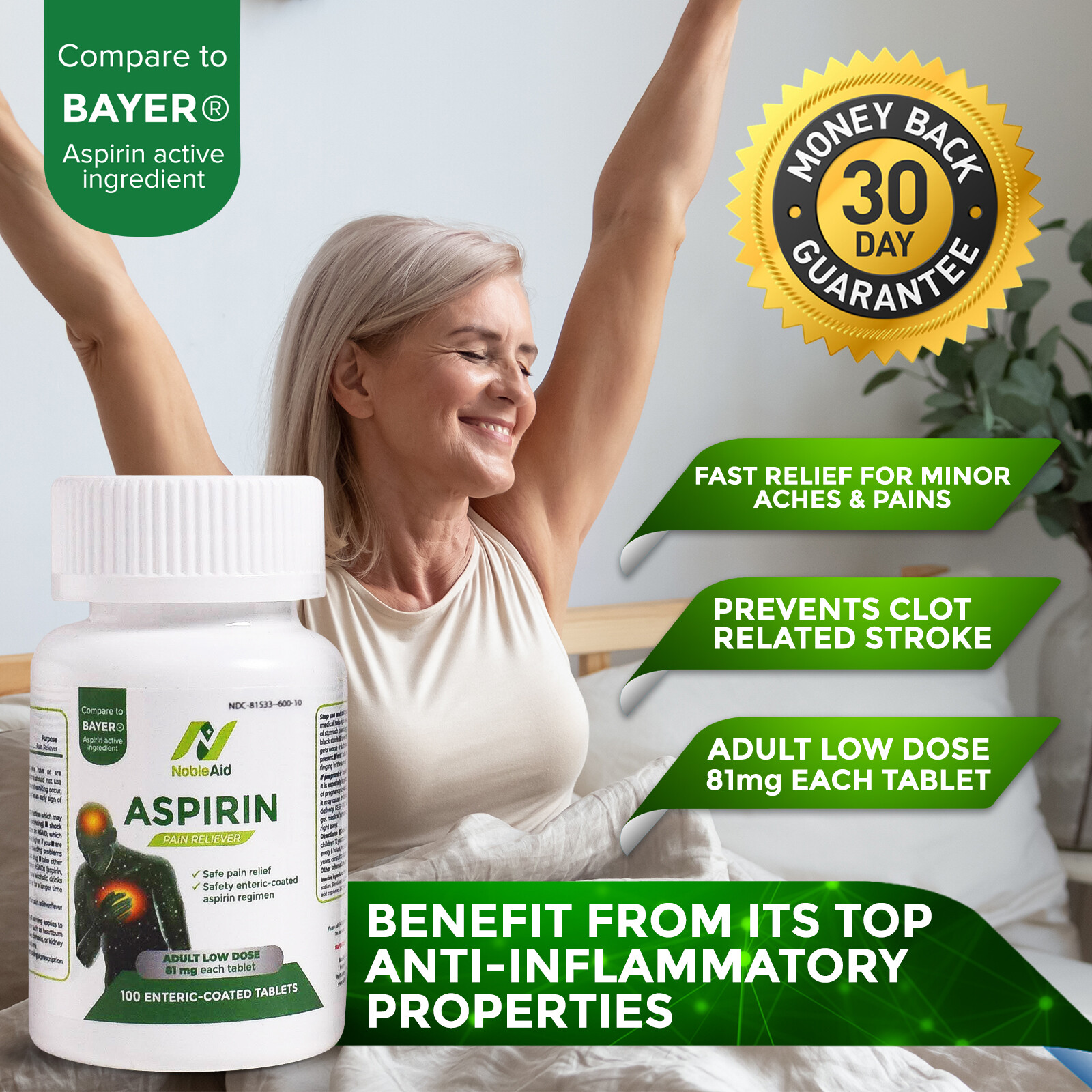 Pure Low Dose Aspirin 81mg for Adults by NobleAid, Enteric Coated Baby ...