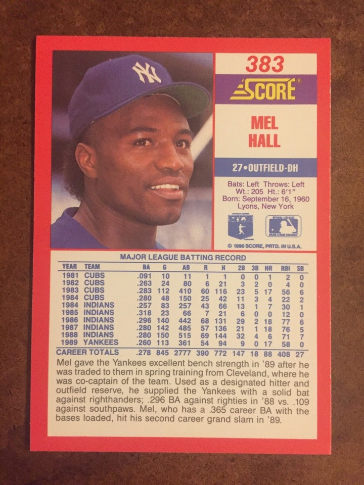 Mel Hall 383 Score 1990 MLB Baseball Trading Card | eBay
