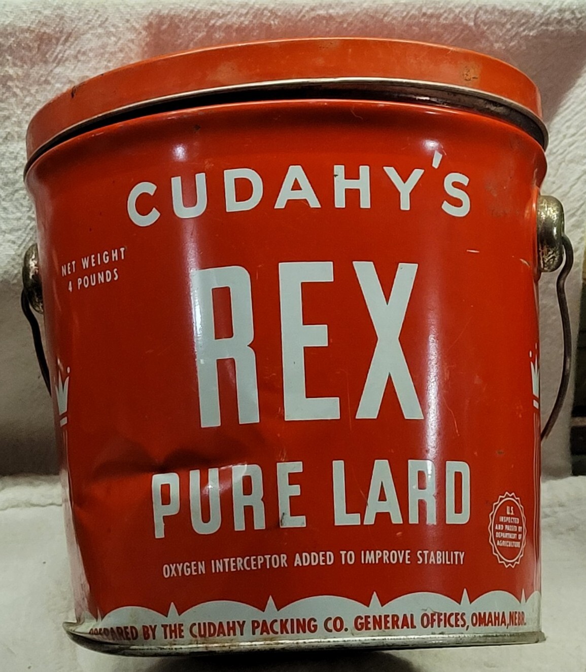 VINTAGE CUDAHY'S REX PURE LARD TIN PAIL BUCKET WITH HANDLE AND ORIGINAL ...
