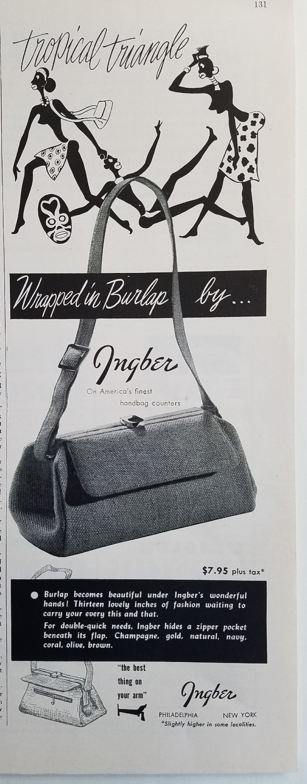 1950 Ingber women's handbag purse tropical triangle wrapped in burlap ...