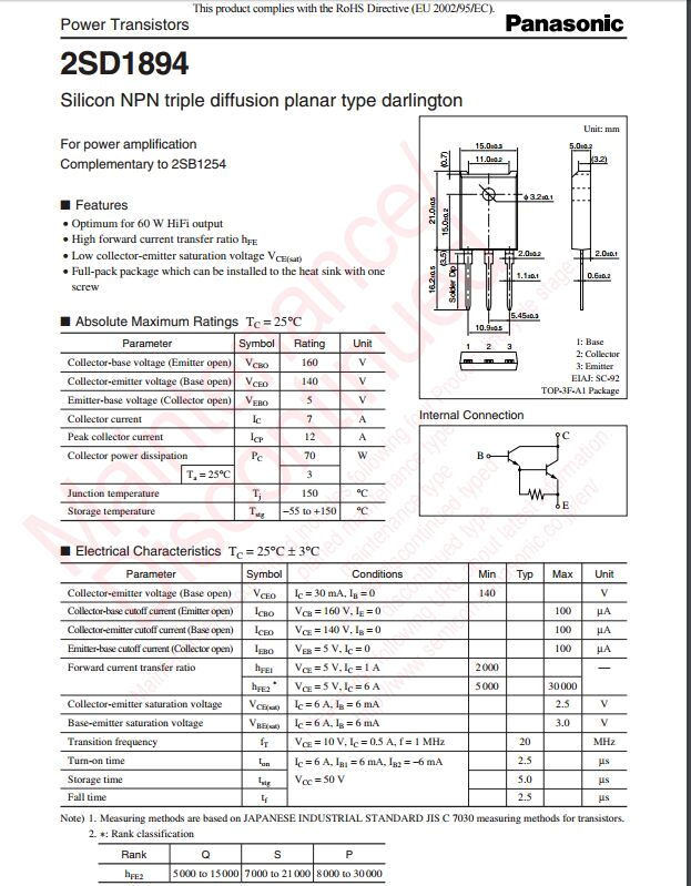 2x 2SD1894 s D1894 Si Panasonic triple diff planar darl Transistor 160V ...