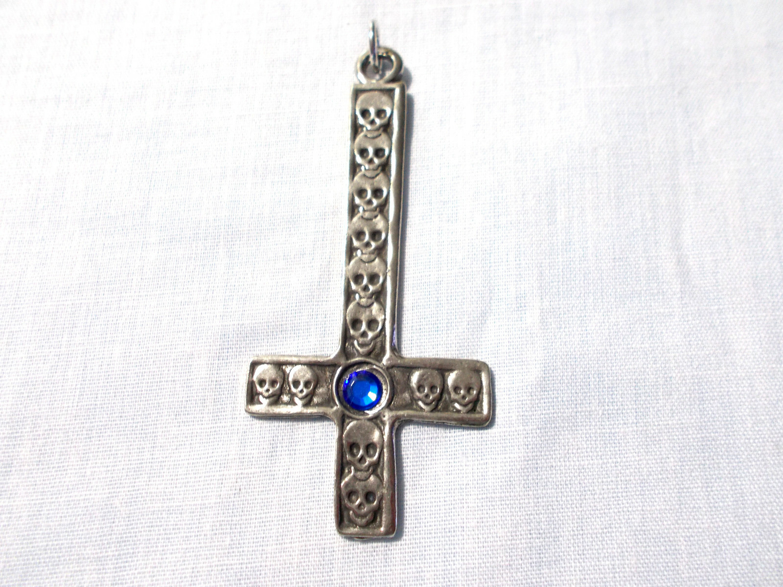 Pewter Satanic Inverted Cross with Skulls Dark Blue Crystal 3" Pendant ...