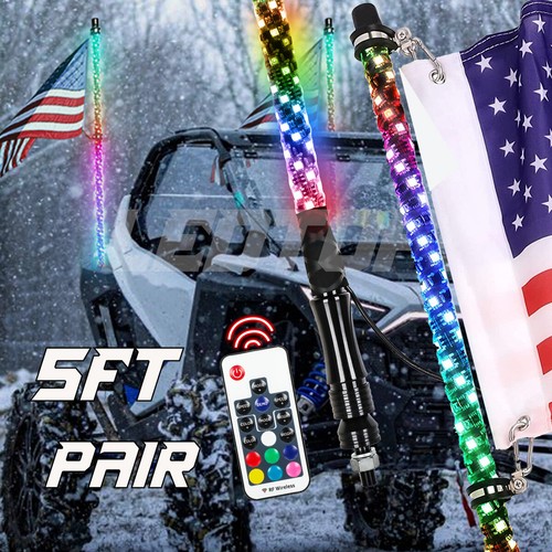 2pcs 5ft RGB Spiral LED Whip Lights Antenna Flag Pole for ATV UTV SXS ...
