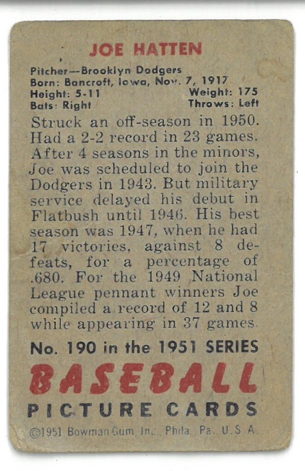 1951 Bowman Baseball #190 Joe Hatten Brooklyn Dodgers - Fair | eBay