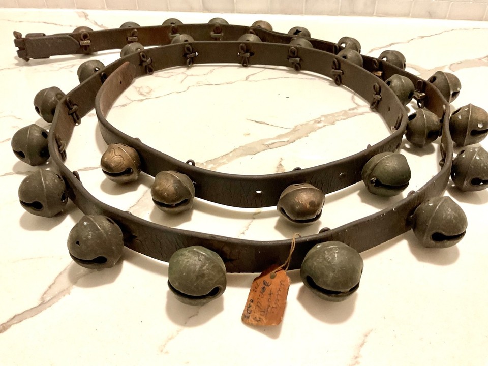 Antique String 30 Brass SLEIGH Bells on 72" Leather Strap Buckle | eBay