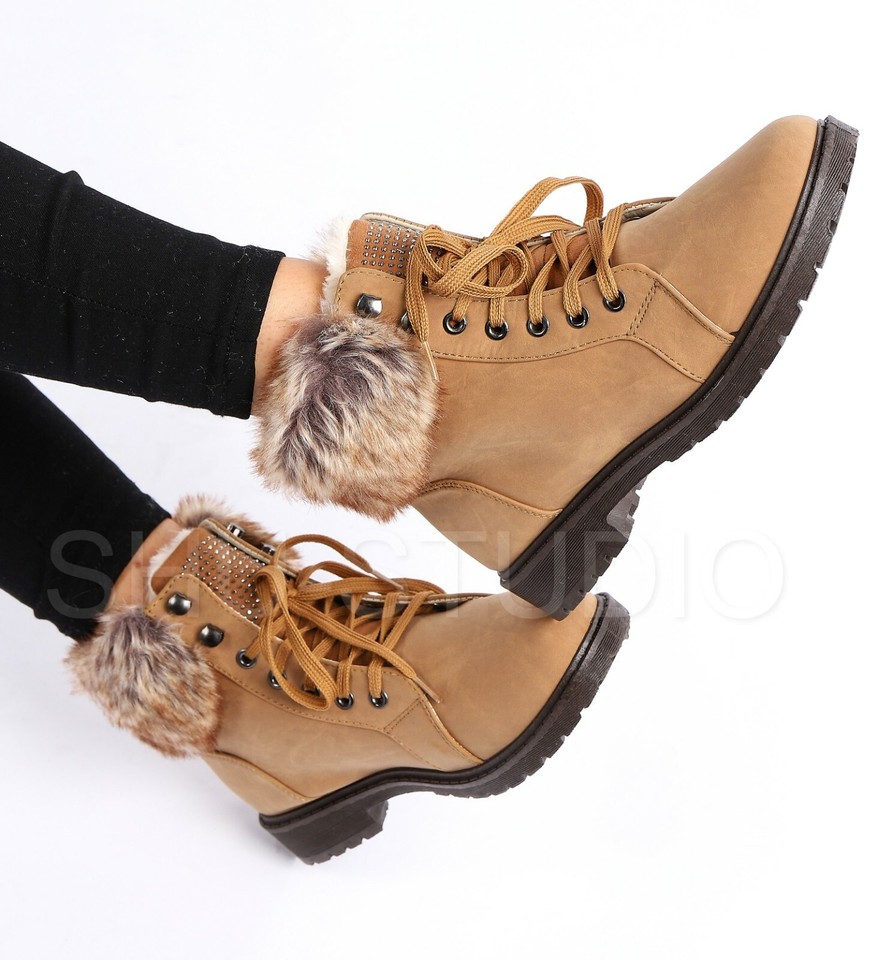 WOMENS LADIES FAUX FUR GRIP SOLE WINTER SNOW WARM ANKLE BOOTS TRAINERS ...