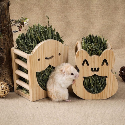 Bunny Hay Feeder Pet Food Dispenser Hanging Wooden Hay Manger Rack ...