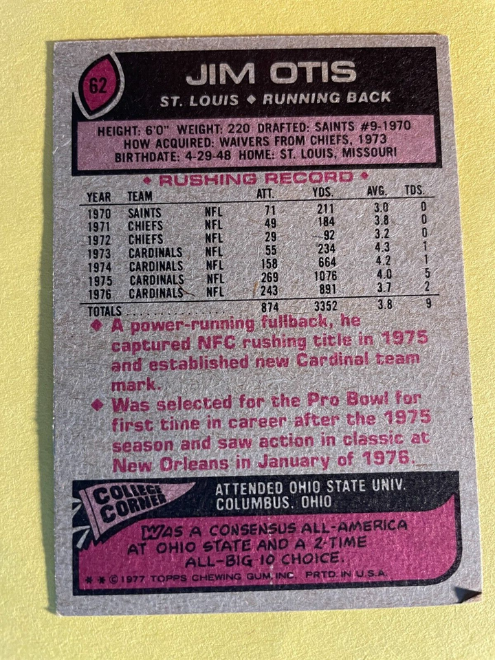 SIGNED JIM OTIS 1977 TOPPS FOOTBALL CARD AUTOGRAPH - CARDINALS | eBay