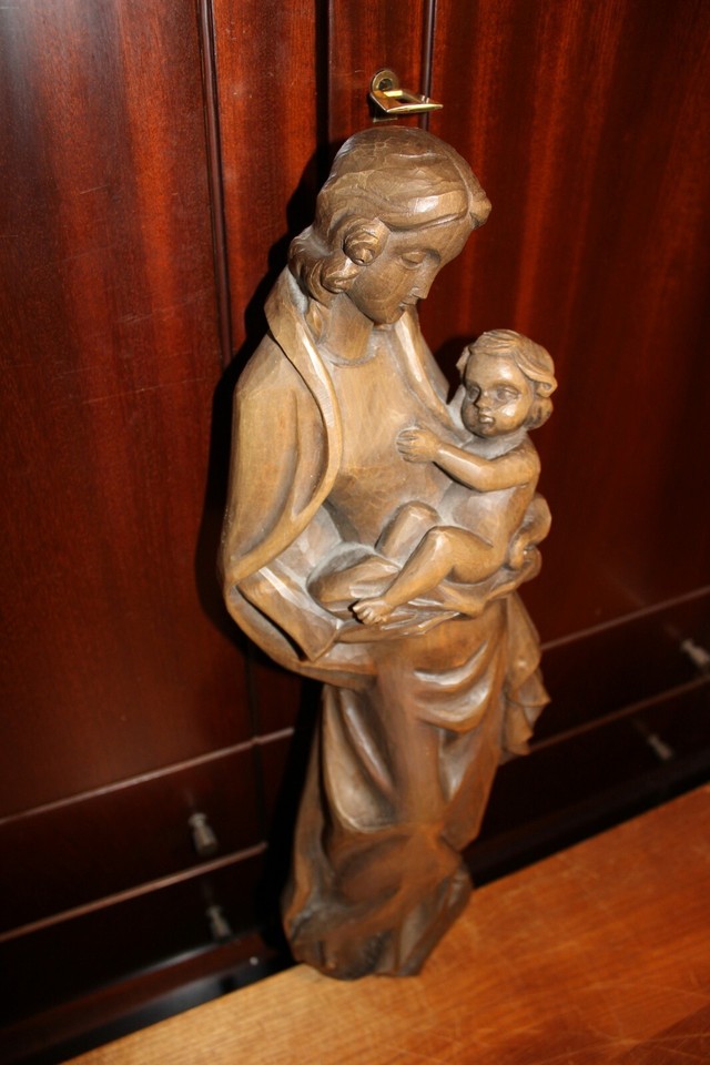 ANTIQUE 22" HAND CARVED WOOD OUR LADY VIRGIN MARY JESUS FIGURE STATUE ...