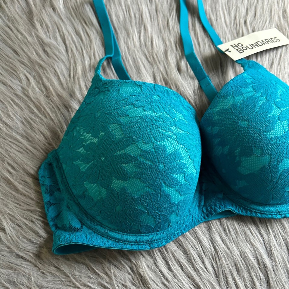 No Boundaries Push Up Bra Womens Size 34DD Blue Floral Lace Padded ...